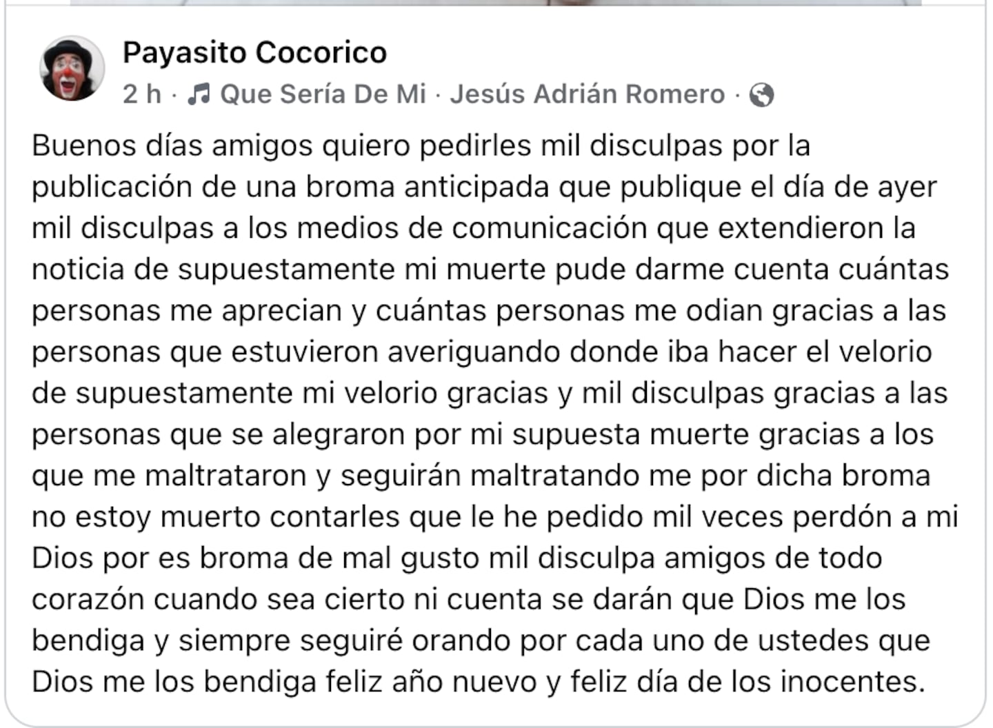 Critican al payaso “Cocorico” por bromear sobre su muerte en el ...